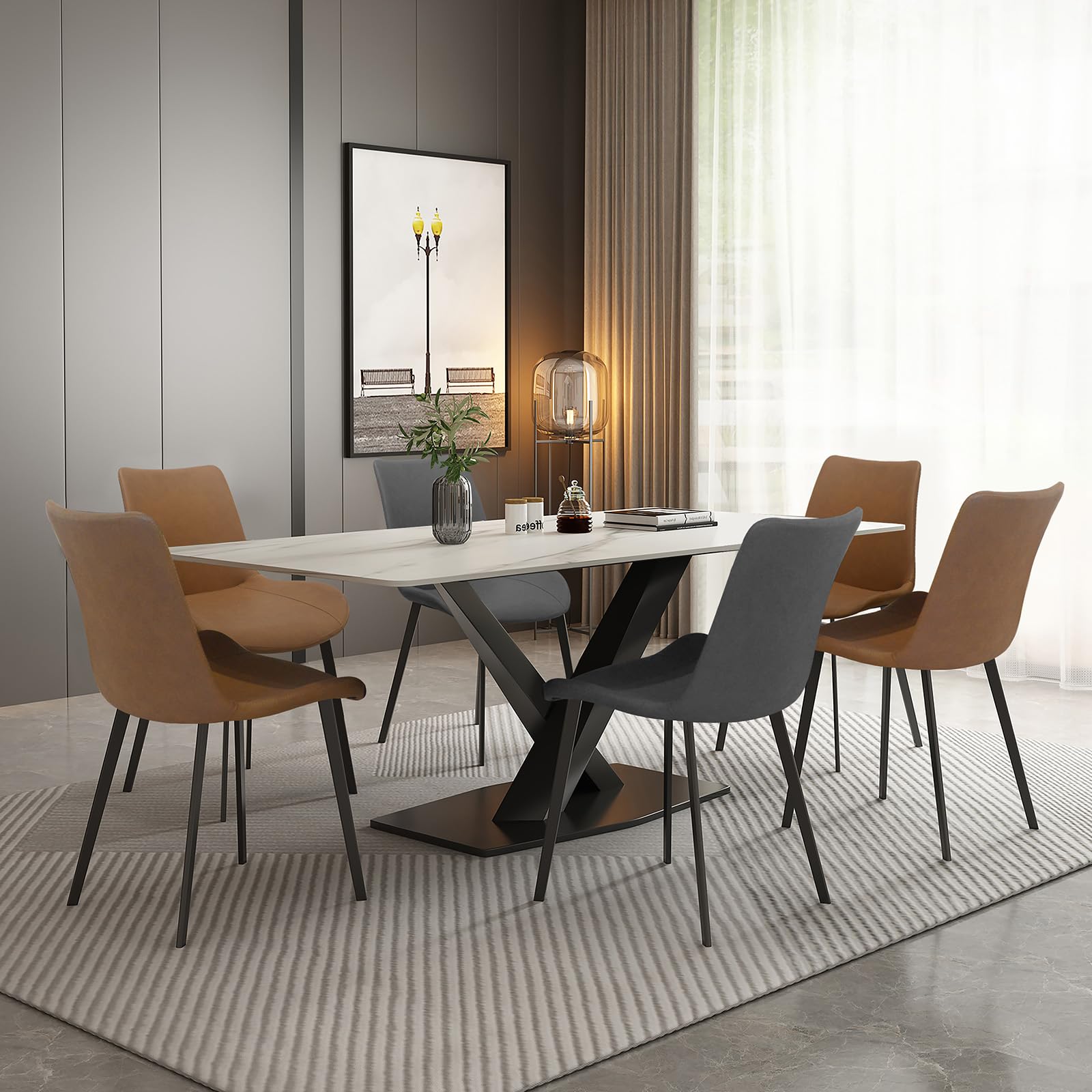 AmoUnico Dining Chairs, Modern PU Leather Dining Room Chair with Sturdy Metal Legs, Upholstered Seat Dinner Chairs Accent Side Chairs for Indoor Kitchen Living Room (Brown, Set of 4)