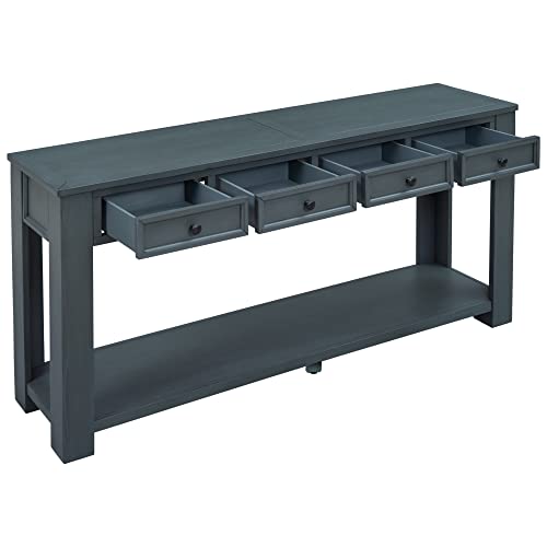 Goohome Rustic Entryway Console Sofa Table with 4 Drawers and Bottom Shelf, Large Storage Space for Living Room Kitchen Hallway Bedroom, Navy