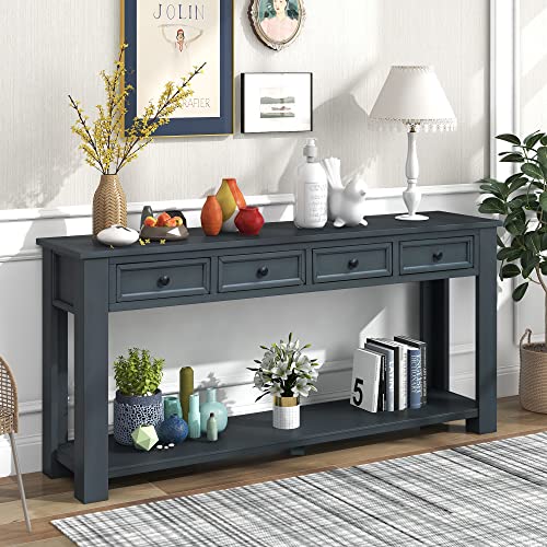 Goohome Rustic Entryway Console Sofa Table with 4 Drawers and Bottom Shelf, Large Storage Space for Living Room Kitchen Hallway Bedroom, Navy
