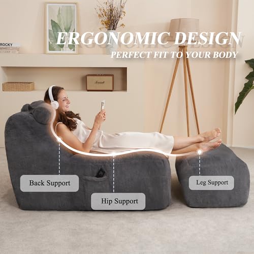 Homguava Bean Bag Chair Large Indoor Beanbag Sofa Lazy Beanbag with Neck Roll&Ottoman Cozy Floor Sofa with Washable Cover&Side Pocket for Bedroom (Grey)