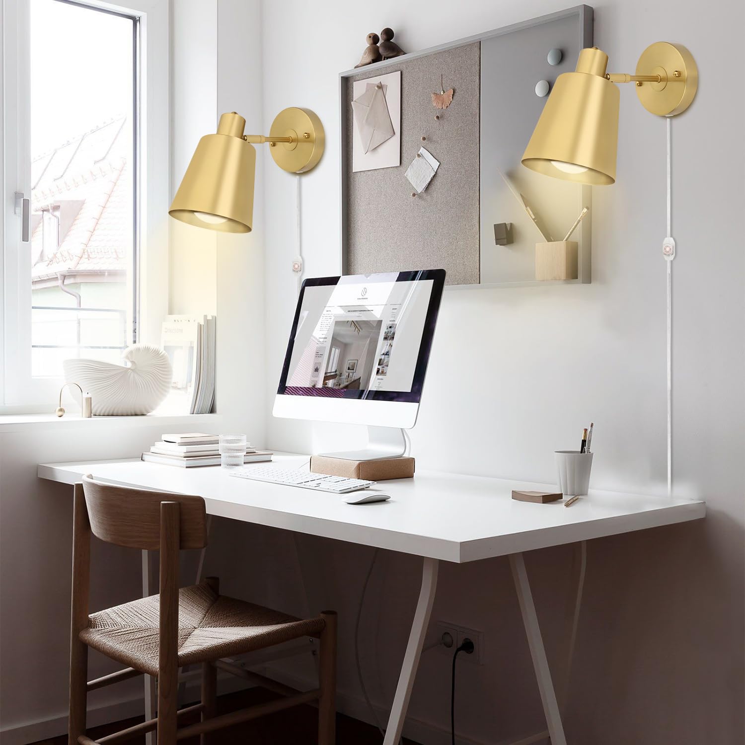 TISLYCO Plug in Wall Sconces Set of Two, Dimmable Wall Sconces with Plug in Cord Adjustable Angle Wall Lights with Dimmer Rotary Switch, Brass Wall Mounted Light Wall Lamp for Bedroom Bedside Desk