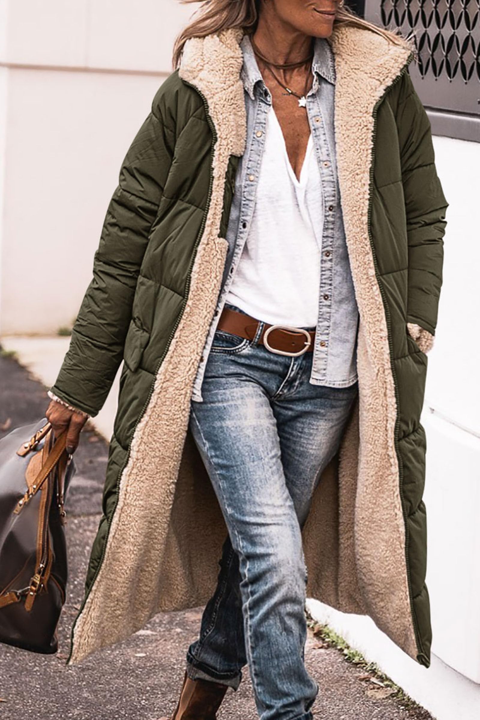 PRETTYGARDEN Women's Warm Winter Coats 2025 Fluffy Fleece Hooded Long Down Jackets Outerwear (Army Green,Large)