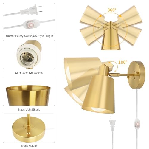 TISLYCO Plug in Wall Sconces Set of Two, Dimmable Wall Sconces with Plug in Cord Adjustable Angle Wall Lights with Dimmer Rotary Switch, Brass Wall Mounted Light Wall Lamp for Bedroom Bedside Desk