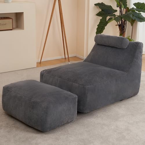 Homguava Bean Bag Chair Large Indoor Beanbag Sofa Lazy Beanbag with Neck Roll&Ottoman Cozy Floor Sofa with Washable Cover&Side Pocket for Bedroom (Grey)