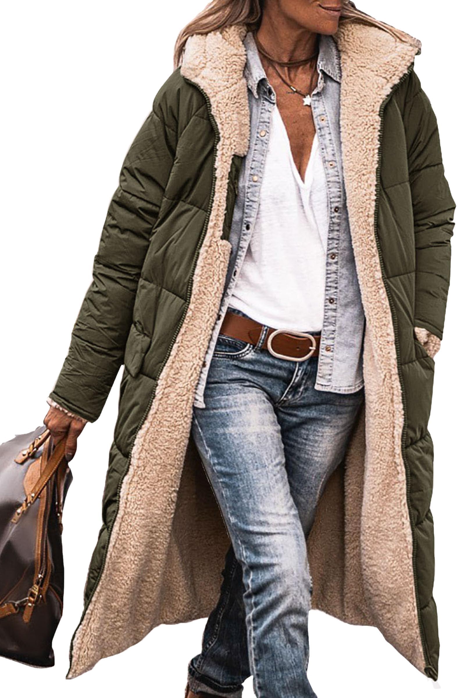 PRETTYGARDEN Women's Warm Winter Coats 2025 Fluffy Fleece Hooded Long Down Jackets Outerwear (Army Green,Large)