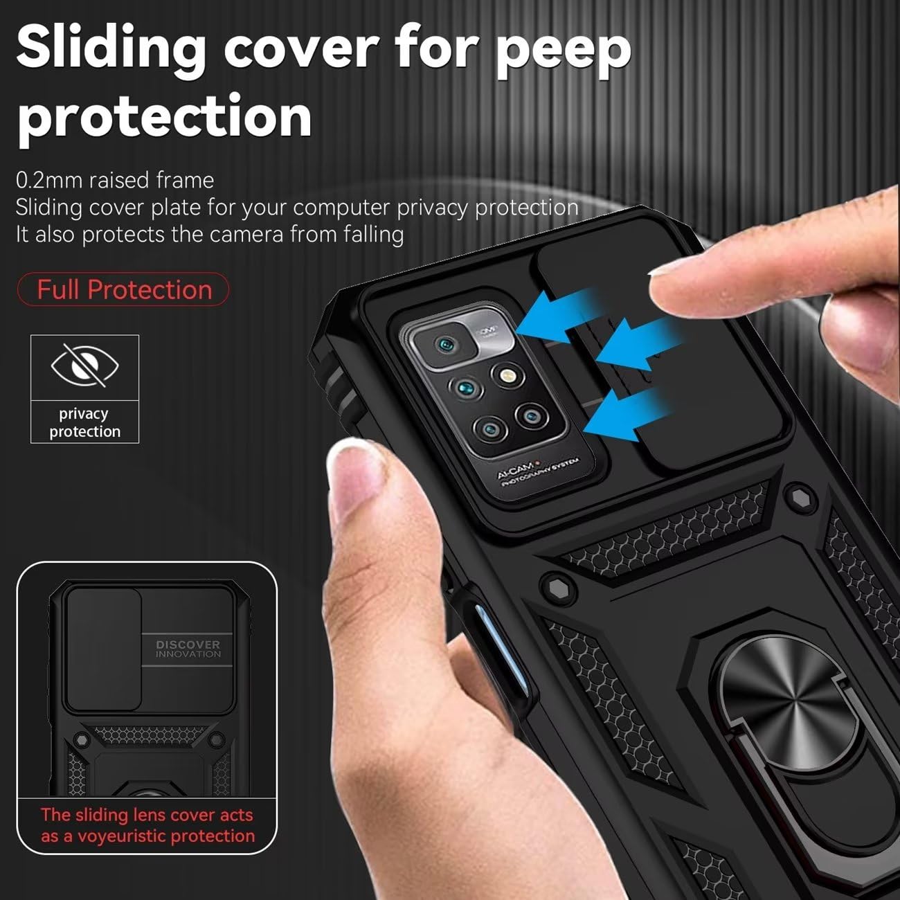 Yodueiv for Redmi 10 (2021/2022)/Redmi 10 Prime Case with Tempered Glass Screen Protector and Slide Camera Cover, Magnetic Ring Car Mount Holder Protective Cover for Xiaomi Redmi 10 2022 Black