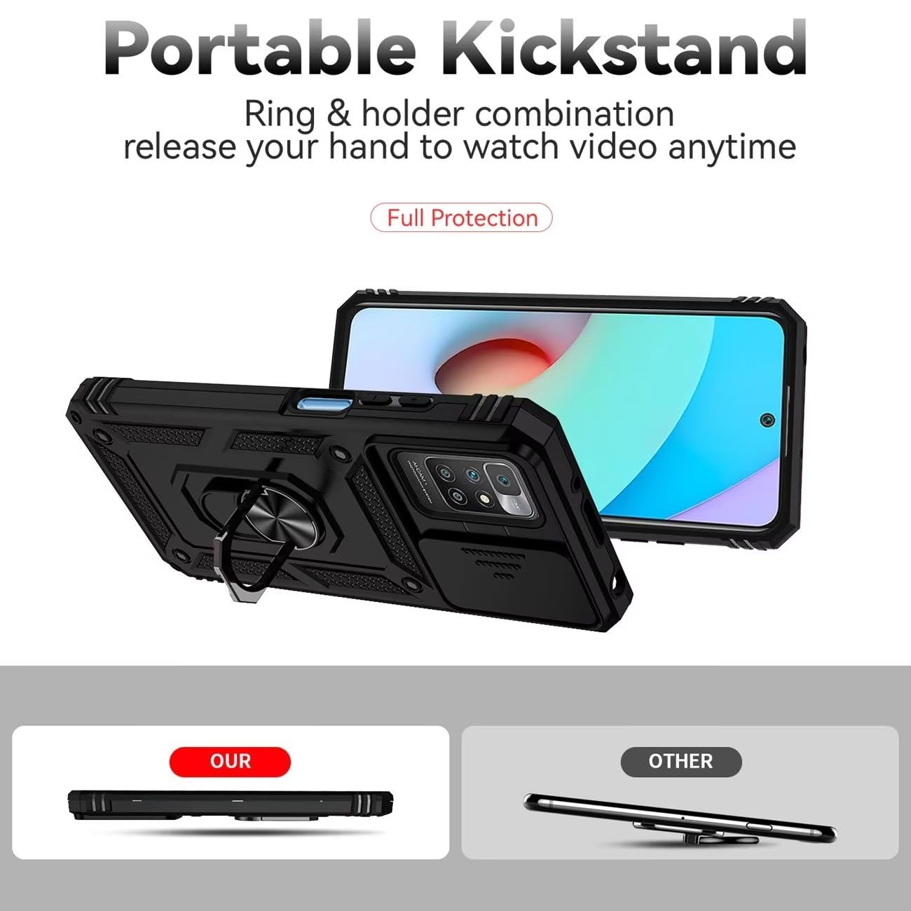 Yodueiv for Redmi 10 (2021/2022)/Redmi 10 Prime Case with Tempered Glass Screen Protector and Slide Camera Cover, Magnetic Ring Car Mount Holder Protective Cover for Xiaomi Redmi 10 2022 Black