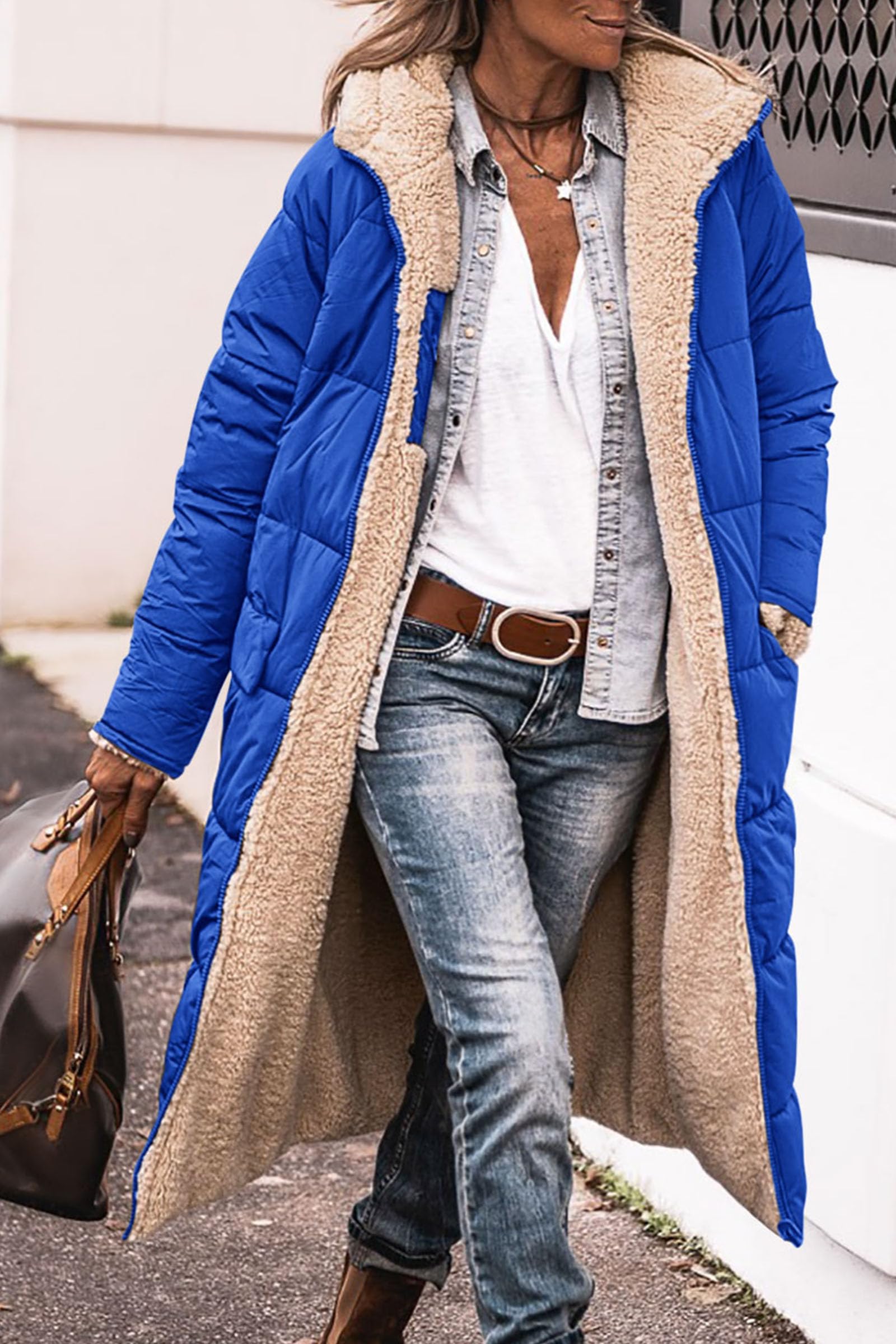 PRETTYGARDEN Womens 2025 Winter Puffer Jackets Long Sleeve Zip Up Sherpa Fleece Coats Outerwear (Royal Blue,Large)