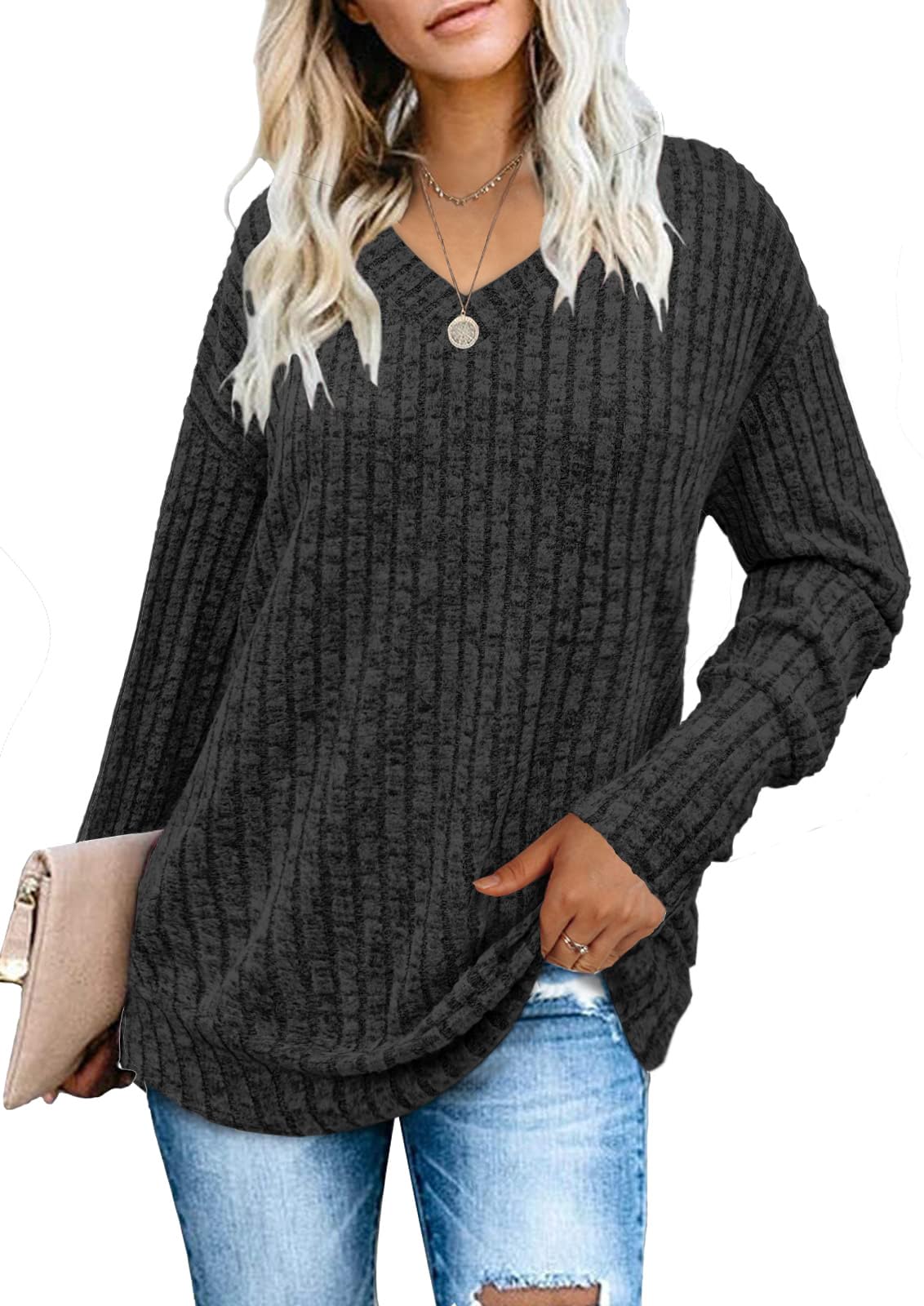 Heymiss Fall Sweaters for Women 2024 Cute Sweatshirts V Neck Long Sleeve Tops for Women Black XL