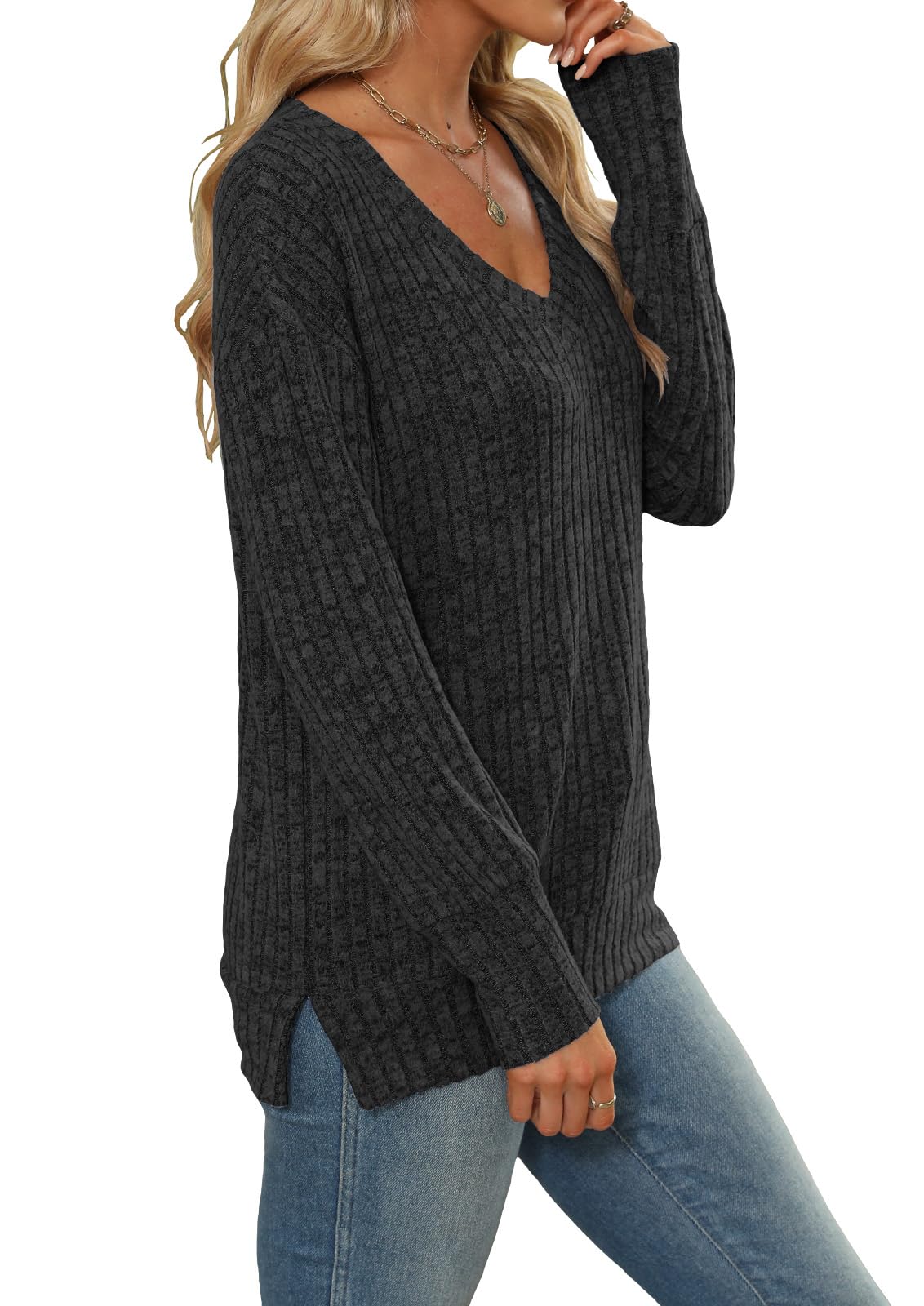 Heymiss Fall Sweaters for Women 2024 Cute Sweatshirts V Neck Long Sleeve Tops for Women Black XL