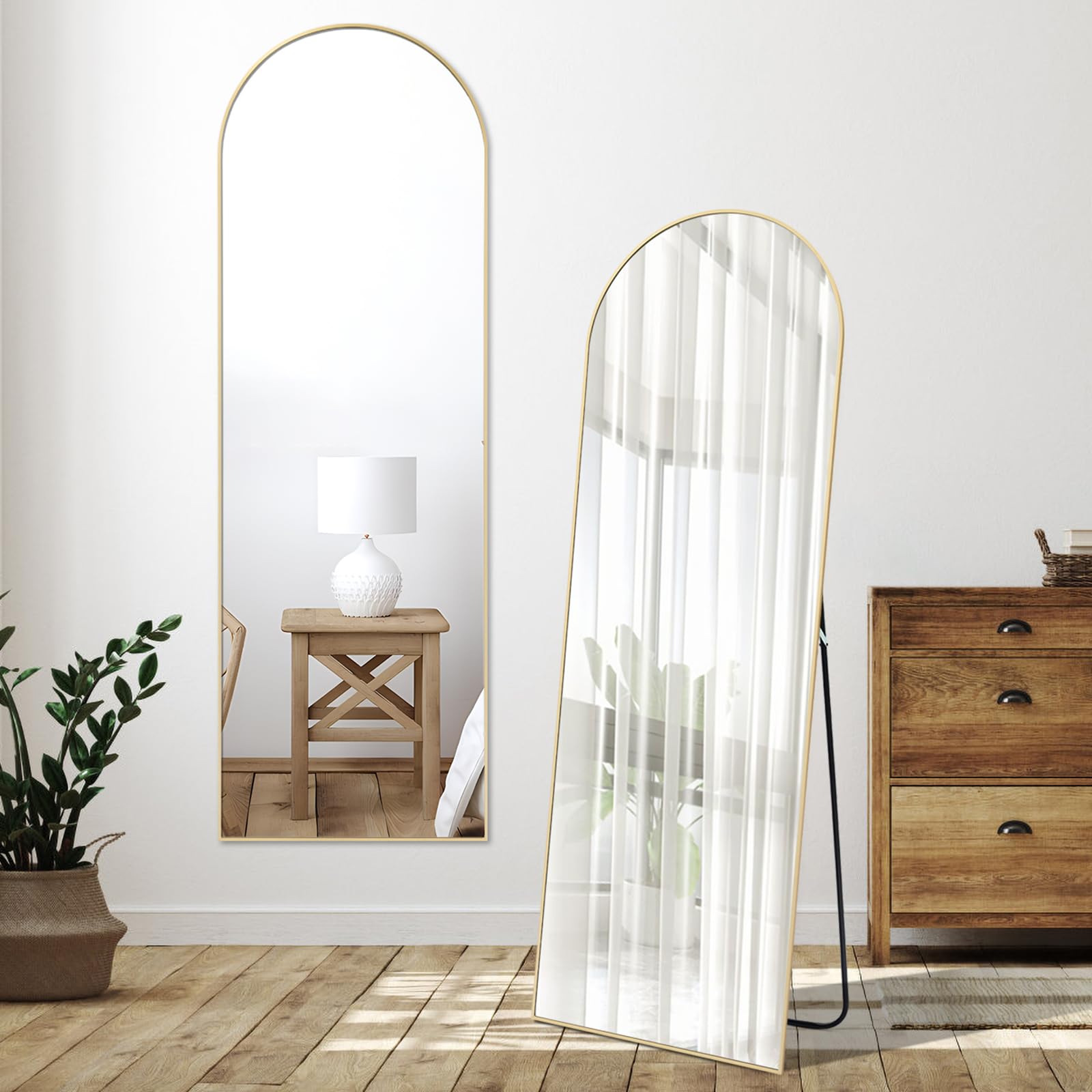 VVK Arched Full Length Free Standing Mirror, 64 * 21inch Large Full Body Mirror for Wall,Black/Gold Mirror Standing Mirror for Bedroom/Living Room,Gold