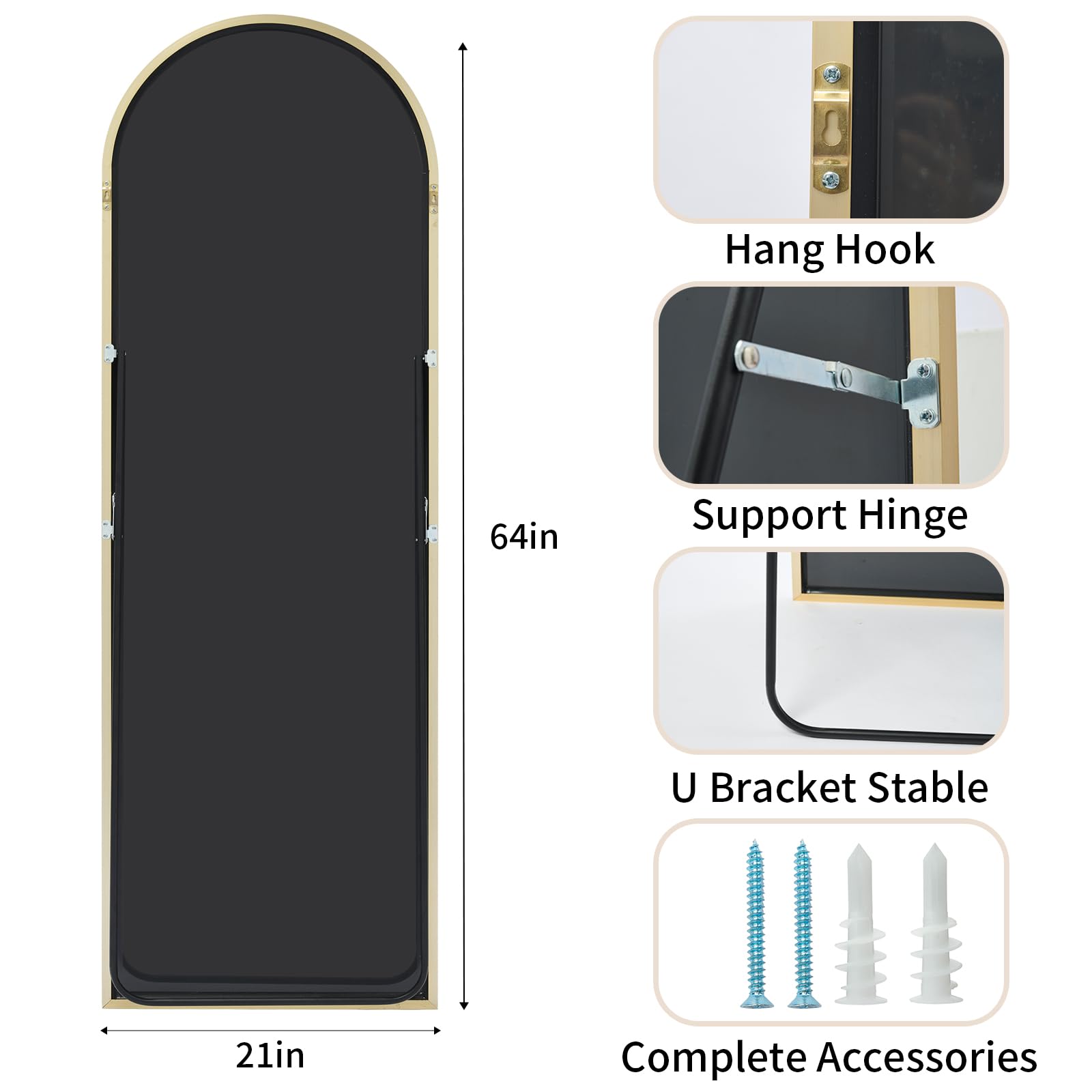 VVK Arched Full Length Free Standing Mirror, 64 * 21inch Large Full Body Mirror for Wall,Black/Gold Mirror Standing Mirror for Bedroom/Living Room,Gold