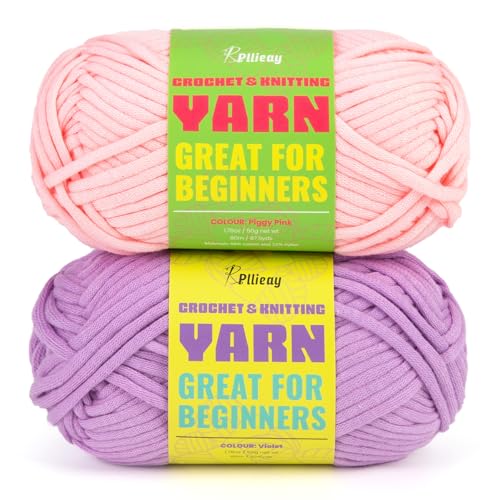 Pllieay 2x50g Packs Violet and Piggy Pink Yarn for Crocheting and Knitting - Worsted Medium #4 Cotton-Nylon Blend With Easy-to-See Stitches for Beginners