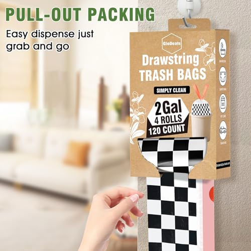 2 Gallon Trash Bags, GloDeals Small Trash Bag/Drawstring Garbage Bags, 120 Count Wastebasket Liners Durable Small Trash Bags for Bathroom, Kitchen, Bedroom, Office, Unscented, Individual Design