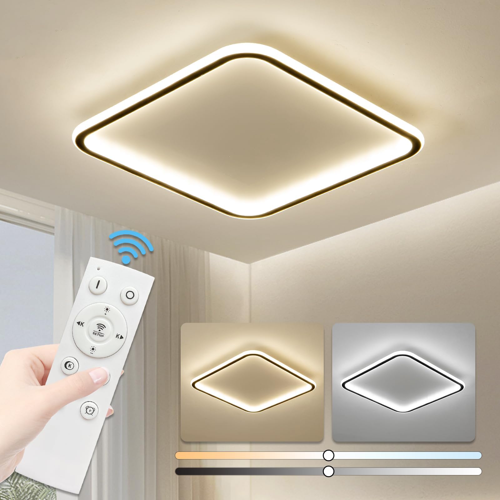 Mikeru Square Type Dimmable LED Ceiling Light, 15.7 Inch Flush Mount Ceiling Light Fixtures, Thin Modern Ceiling Lamp with 3 Colors Temperature Remote Control for Bedroom, Kitchen, Living Room