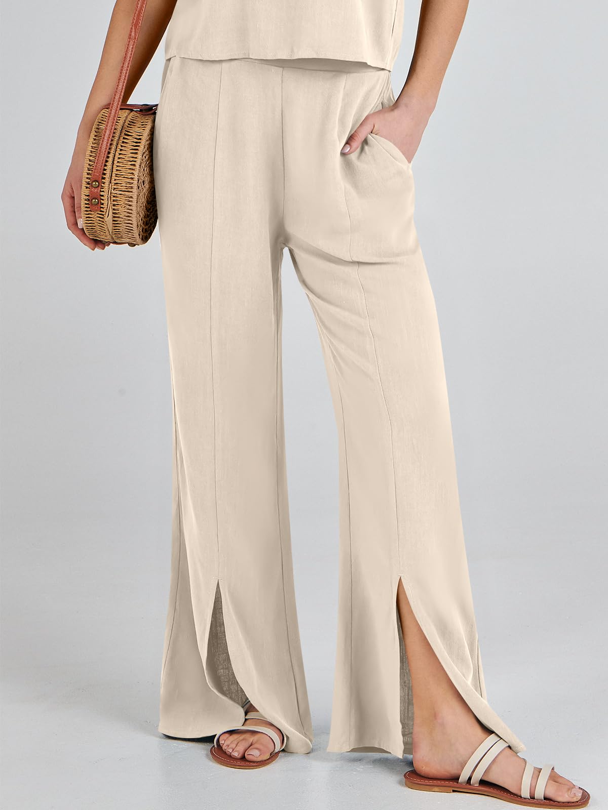 Caracilia Women's Linen Palazzo Pants Summer Beach Boho Wide Leg High Waist Front Split Elastic Waisted Trousers Casual Loose Flowy Pant with Pocket Beige C128A0-mise-S
