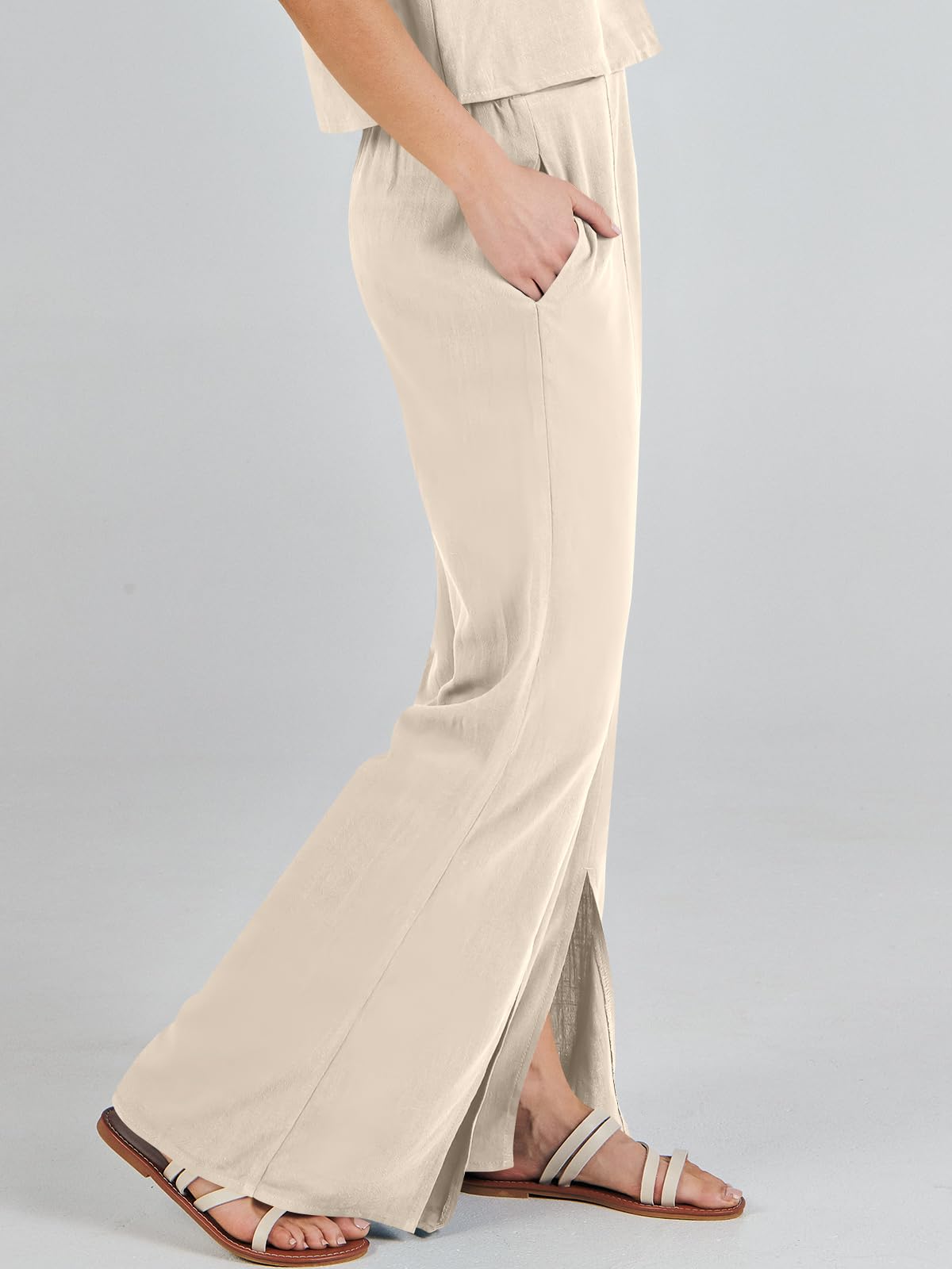 Caracilia Women's Linen Palazzo Pants Summer Beach Boho Wide Leg High Waist Front Split Elastic Waisted Trousers Casual Loose Flowy Pant with Pocket Beige C128A0-mise-S