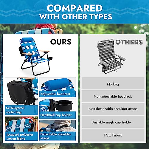 Dowinx Beach Chair with Cooler Bag, Folding Caming Chair with Backpack Straps, High Back 3 Position-Reclining Outdoor Chair Aluminum Frame(Blue)