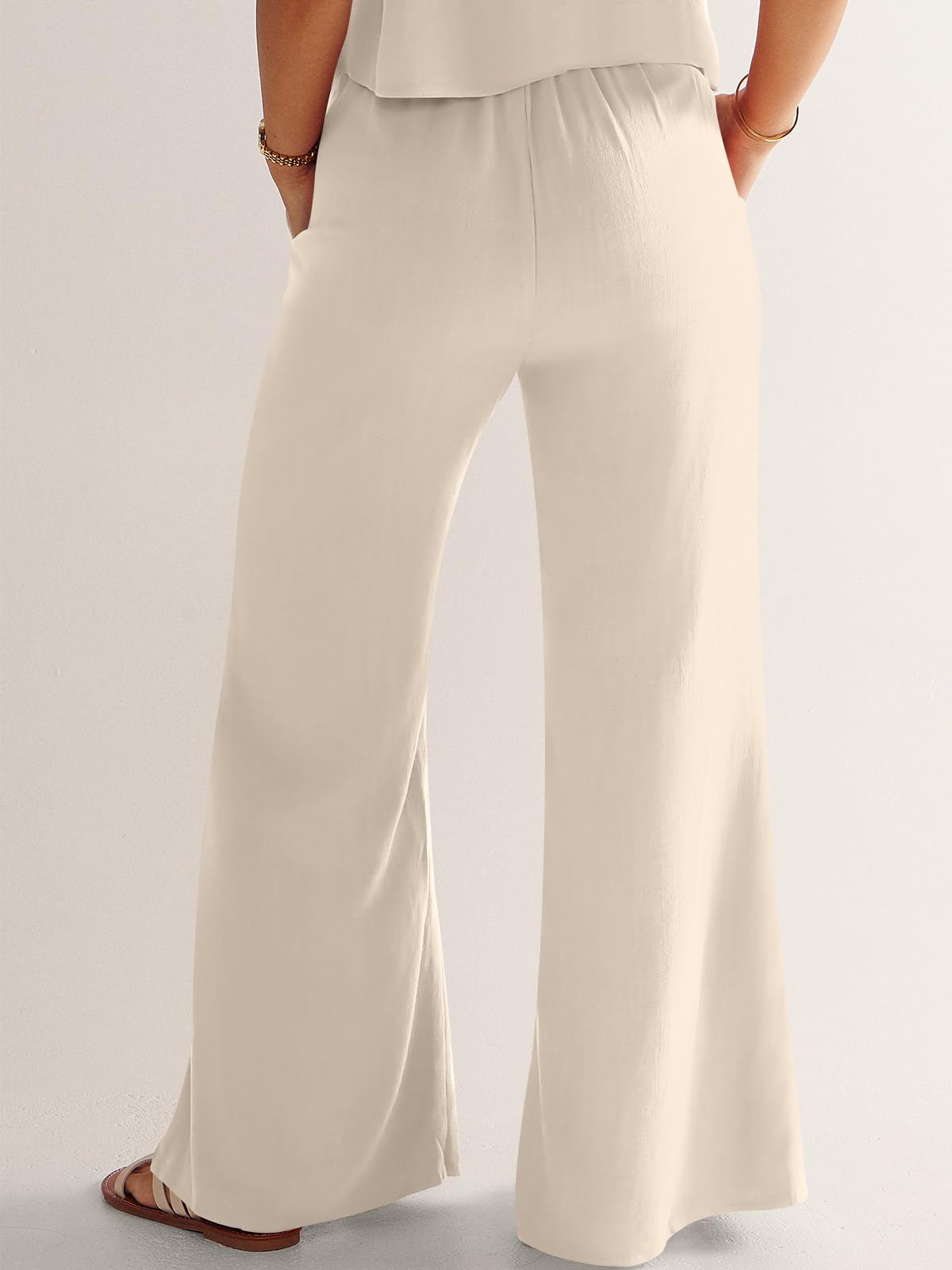 Caracilia Women's Linen Palazzo Pants Summer Beach Boho Wide Leg High Waist Front Split Elastic Waisted Trousers Casual Loose Flowy Pant with Pocket Beige C128A0-mise-S