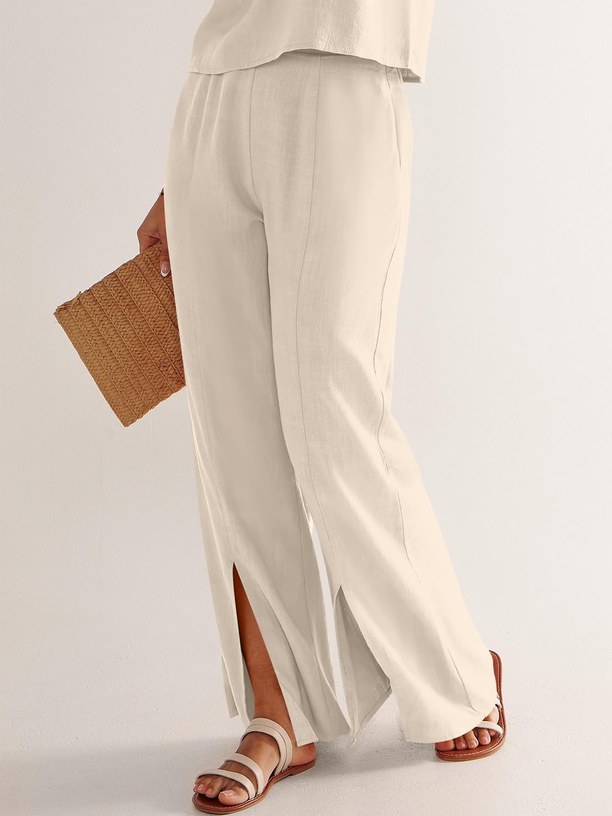 Caracilia Women's Linen Palazzo Pants Summer Beach Boho Wide Leg High Waist Front Split Elastic Waisted Trousers Casual Loose Flowy Pant with Pocket Beige C128A0-mise-S
