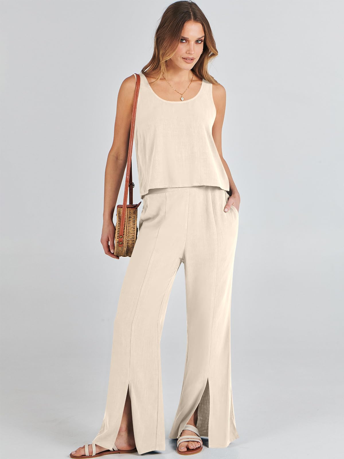 Caracilia Women's Linen Palazzo Pants Summer Beach Boho Wide Leg High Waist Front Split Elastic Waisted Trousers Casual Loose Flowy Pant with Pocket Beige C128A0-mise-S