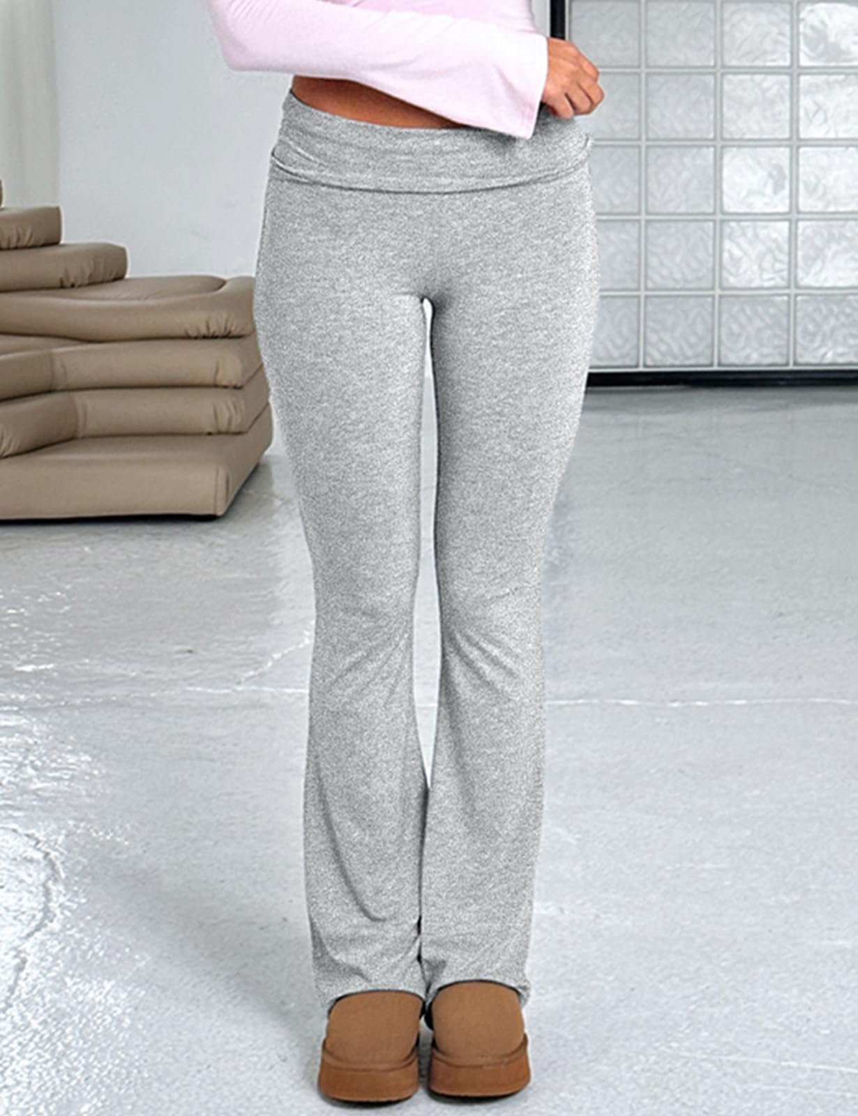 PRIVIMIX Women's Low Waisted Flare Leggings Bell Bottom Casual Lounge Bootcut Yoga Pants Sweatpants Light Grey