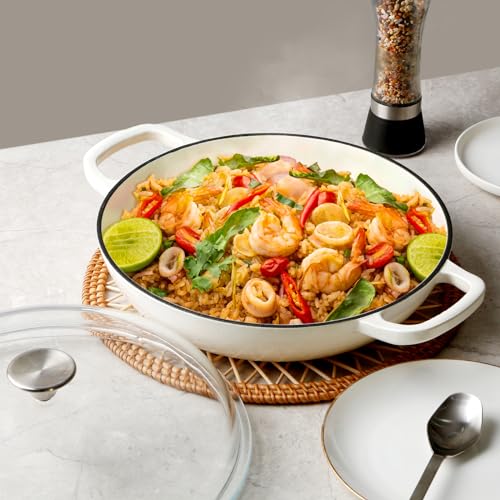 NUTRIUPS 3.6 Quart Braiser Enameled Cast Iron Dutch Oven Pot with High Borosilicate Glass Lid, Dutch Oven/Casserole Cast Iron Non Stick Larger Handle (Beige + White)