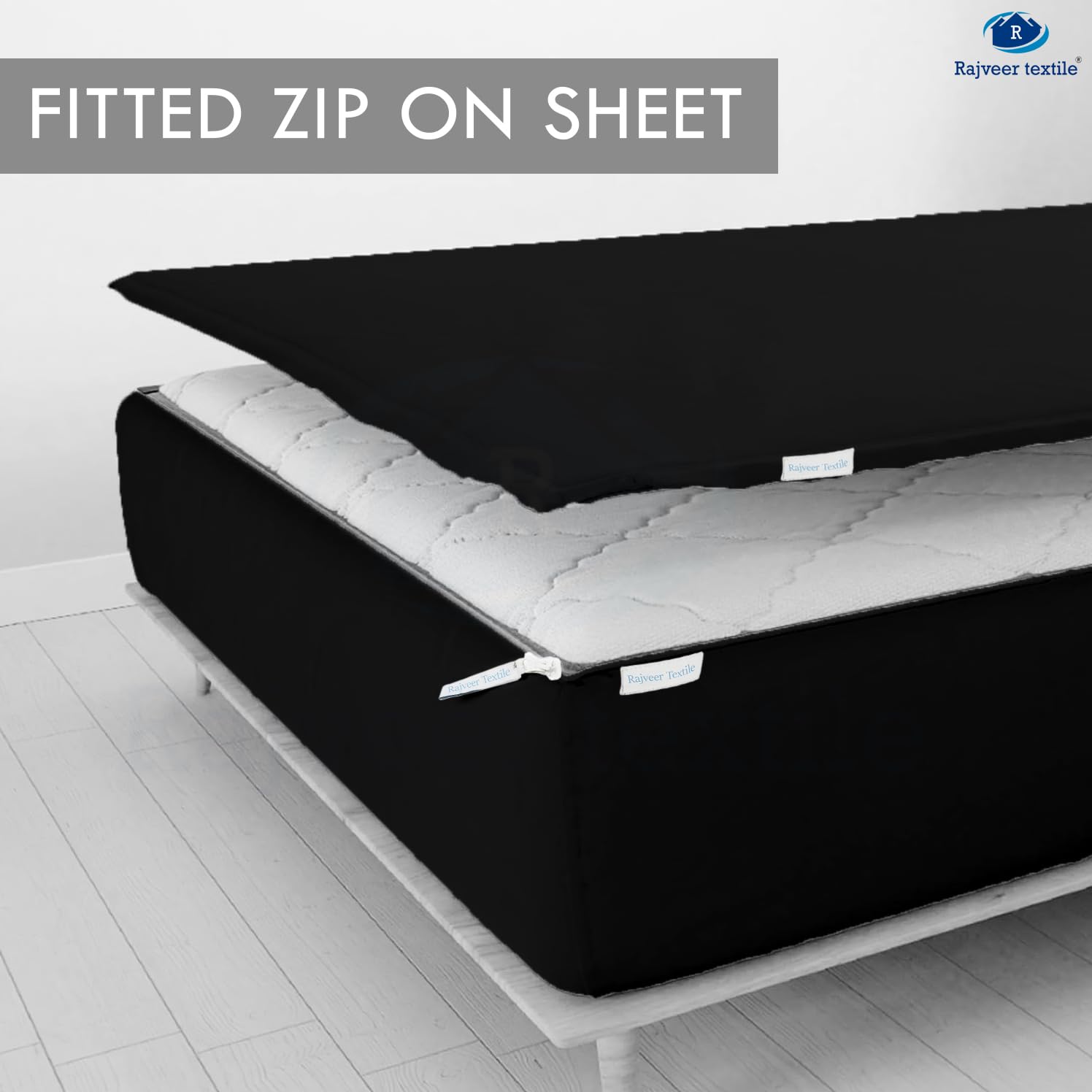 RAJVEER TEXTILE Zip On Fitted Sheet - Includes 1 Fitted Base + 2 Zip Sheet - Easy to Change, Won’t Pop Off Twin Sheet- 600 TC Cotton Fitted Sheet- 15” Deep Pocket Twin Size- Black