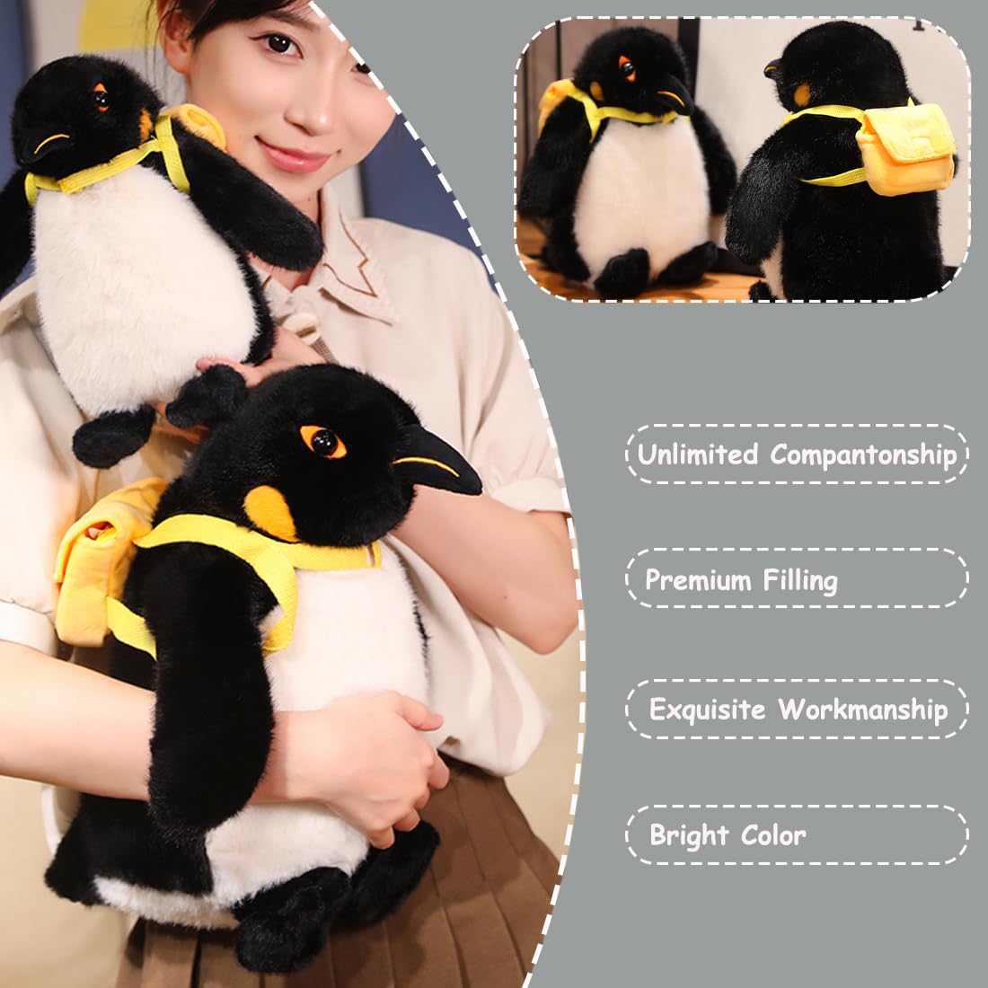 ELAINREN Plush Travel Penguin with Backpack,Realistic Black Penguin Stuffed Toy Lifelike Furry Penguin Plushie Doll Gifts/13.7Inch