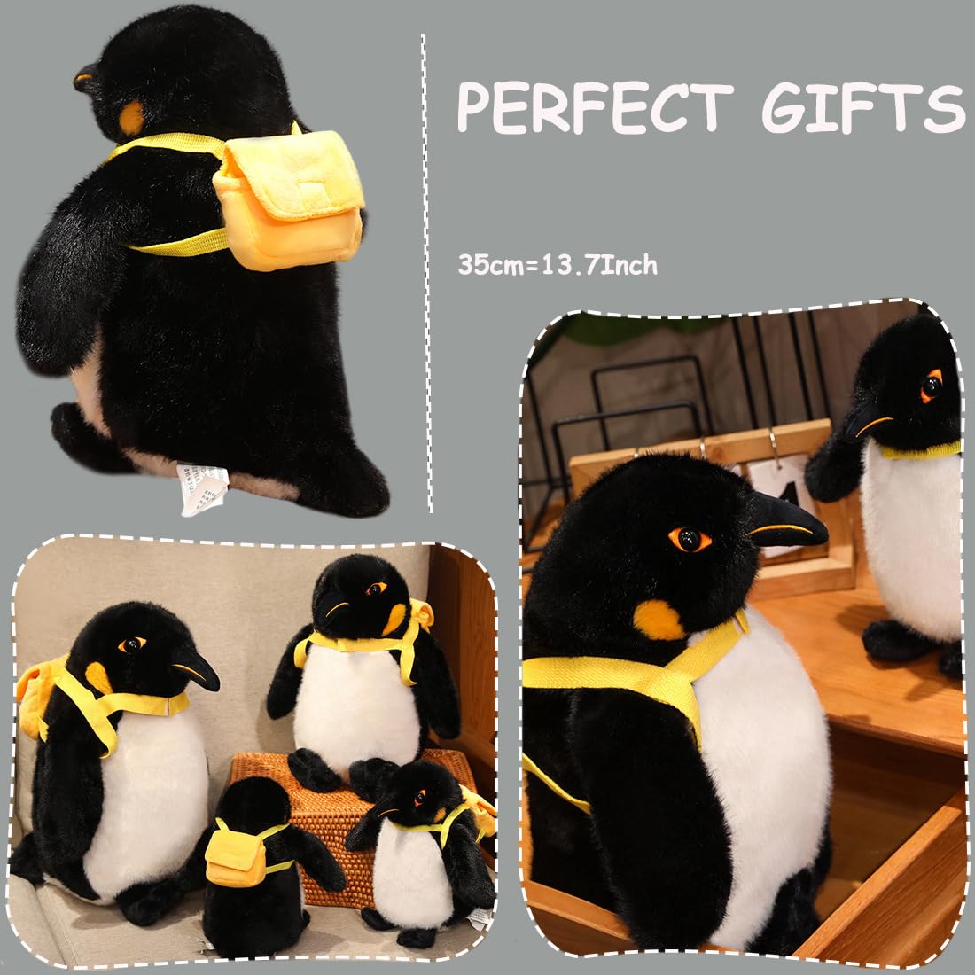 ELAINREN Plush Travel Penguin with Backpack,Realistic Black Penguin Stuffed Toy Lifelike Furry Penguin Plushie Doll Gifts/13.7Inch
