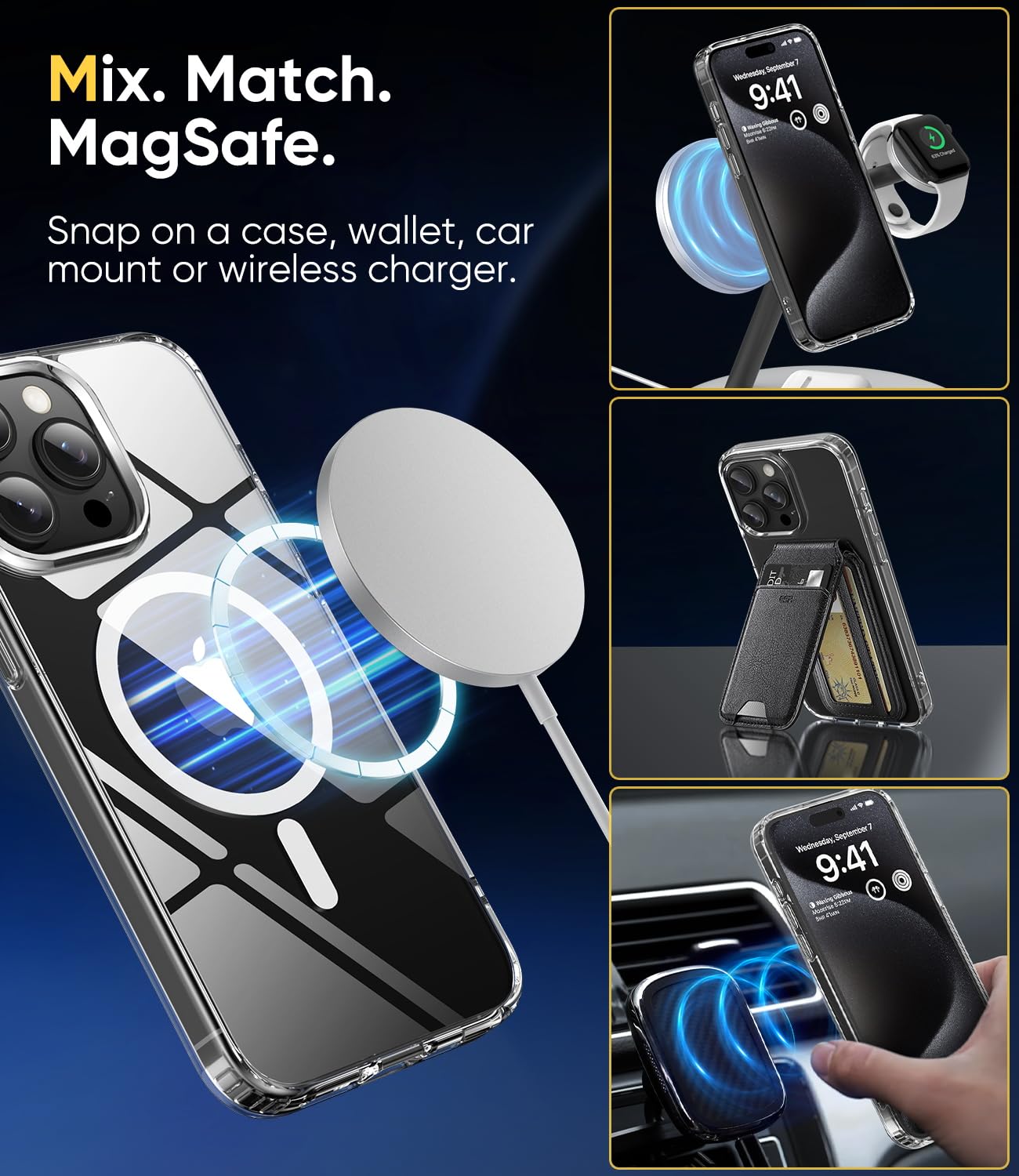 SUCGLES for iPhone 15 Pro Max Case with MagSafe [Ultra Strong Magnetic] [12FT Military Drop Protection] [Shockproof Bumper] Slim Thin Mag Safe Promax Phone Cover for Apple 15pro Max (Clear/Magnet)