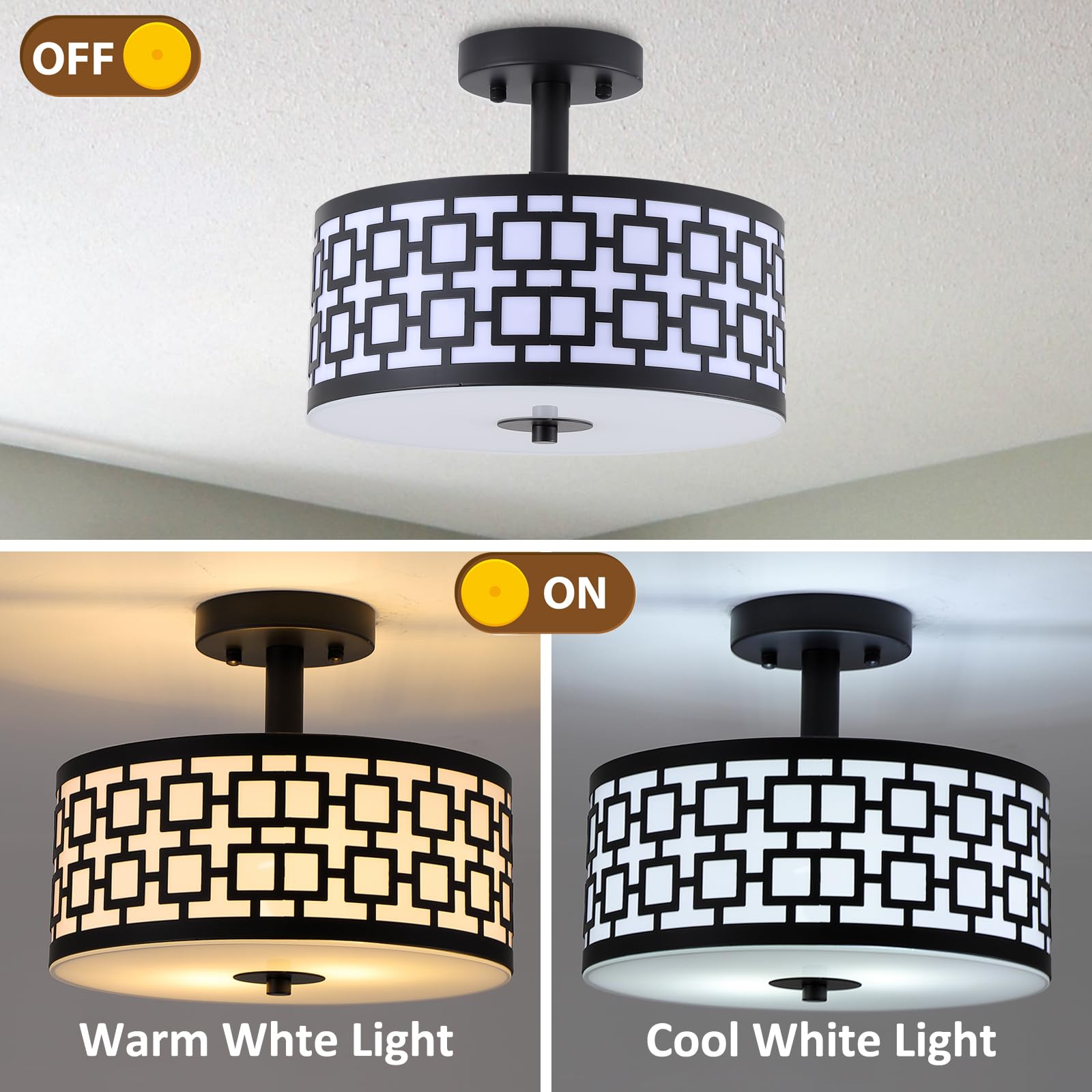 Sheenkarion Black Semi Flush Mount Ceiling Light,Modern Ceiling Drum Lighting Fixtures with Round Metal and Glass Shade for Bedroom Hallway Kitchen Dining Living Room Foyer Entry