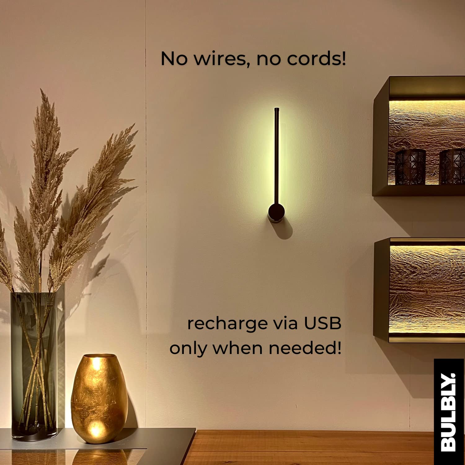 Bulbly Modern Cordless Wall Sconce Set of Two | Modern Dimmable LED Black Wall Lamps for Living Room & Bedroom Decor | USB Rechargeable Wall Light