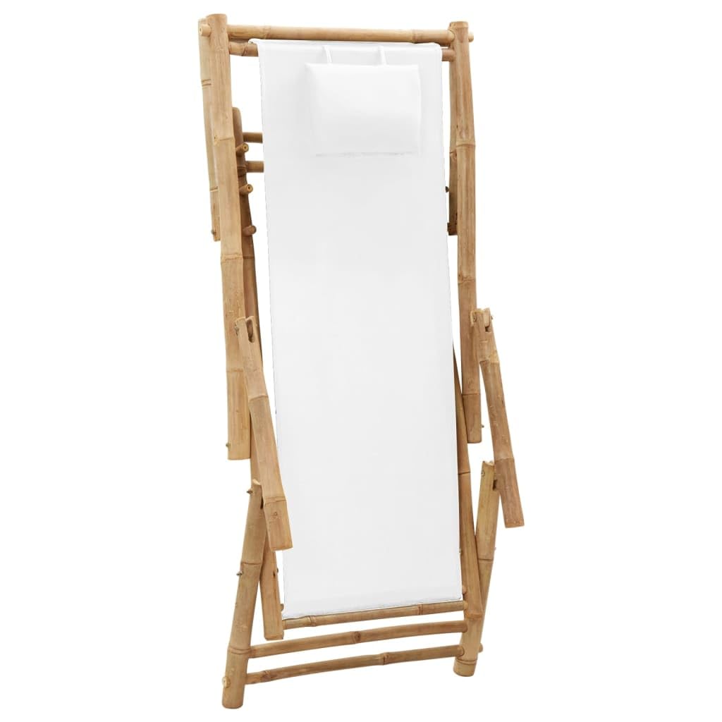 WEMYUFURN Deck Chair Bamboo and Canvas Cream White, Patio Dining Chairs, Bar Stools, Outdoor Seating for Outdoor Relaxation and Entertaining in Your Backyard or Poolside