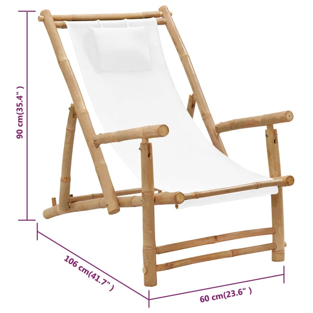 WEMYUFURN Deck Chair Bamboo and Canvas Cream White, Patio Dining Chairs, Bar Stools, Outdoor Seating for Outdoor Relaxation and Entertaining in Your Backyard or Poolside
