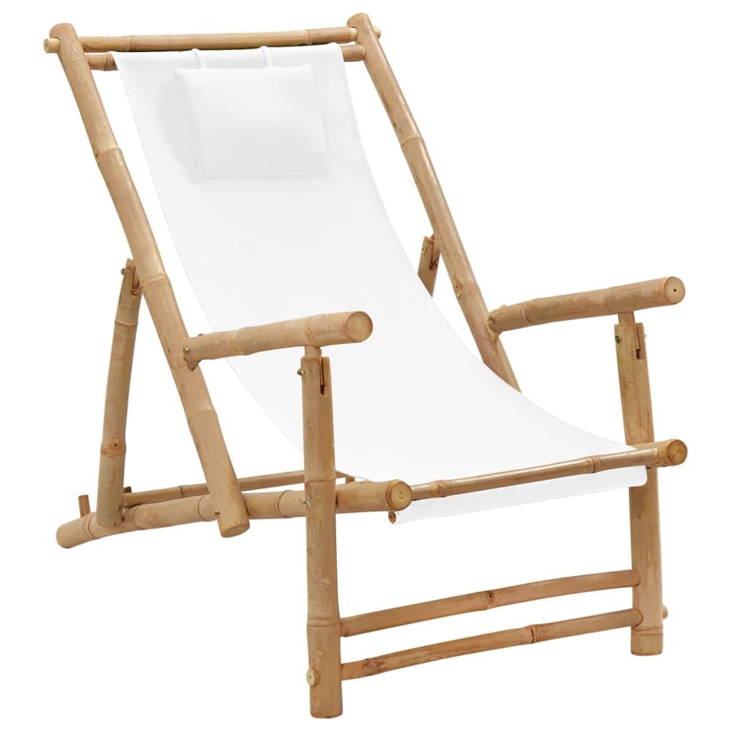 WEMYUFURN Deck Chair Bamboo and Canvas Cream White, Patio Dining Chairs, Bar Stools, Outdoor Seating for Outdoor Relaxation and Entertaining in Your Backyard or Poolside