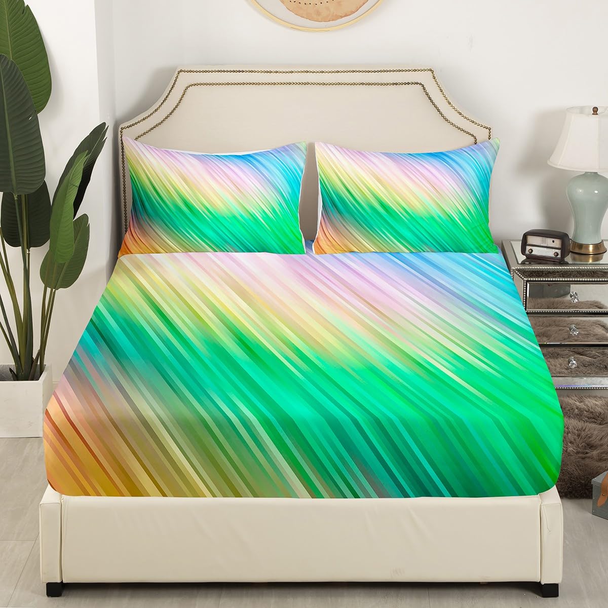 Girls Green Yellow Pink Stripes Bedding Set Twin Size Geometric Decor Bed Set for Teens Bedroom Decor Kids Sheet Microfiber Abstract Art Gradient Bed Cover(1 Fitted Sheet+1 Pillow Case)