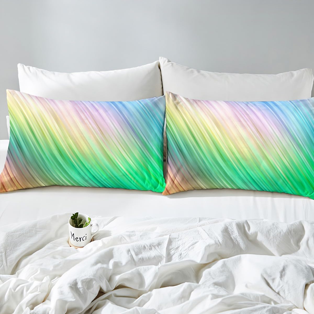 Girls Green Yellow Pink Stripes Bedding Set Twin Size Geometric Decor Bed Set for Teens Bedroom Decor Kids Sheet Microfiber Abstract Art Gradient Bed Cover(1 Fitted Sheet+1 Pillow Case)
