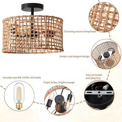 XININSUN Rattan Ceiling Light Fixtures, Boho Woven Semi Flush Mount Ceiling Light,2-Light Rattan Light Fixtures Ceiling Mount,Farmhouse Close to Ceiling Light for Bedroom Hallway Entryway, (000)