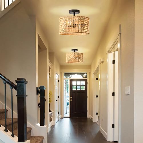 XININSUN Rattan Ceiling Light Fixtures, Boho Woven Semi Flush Mount Ceiling Light,2-Light Rattan Light Fixtures Ceiling Mount,Farmhouse Close to Ceiling Light for Bedroom Hallway Entryway, (000)
