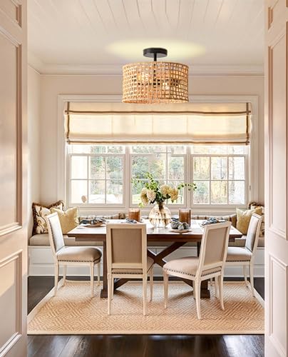 XININSUN Rattan Ceiling Light Fixtures, Boho Woven Semi Flush Mount Ceiling Light,2-Light Rattan Light Fixtures Ceiling Mount,Farmhouse Close to Ceiling Light for Bedroom Hallway Entryway, (000)