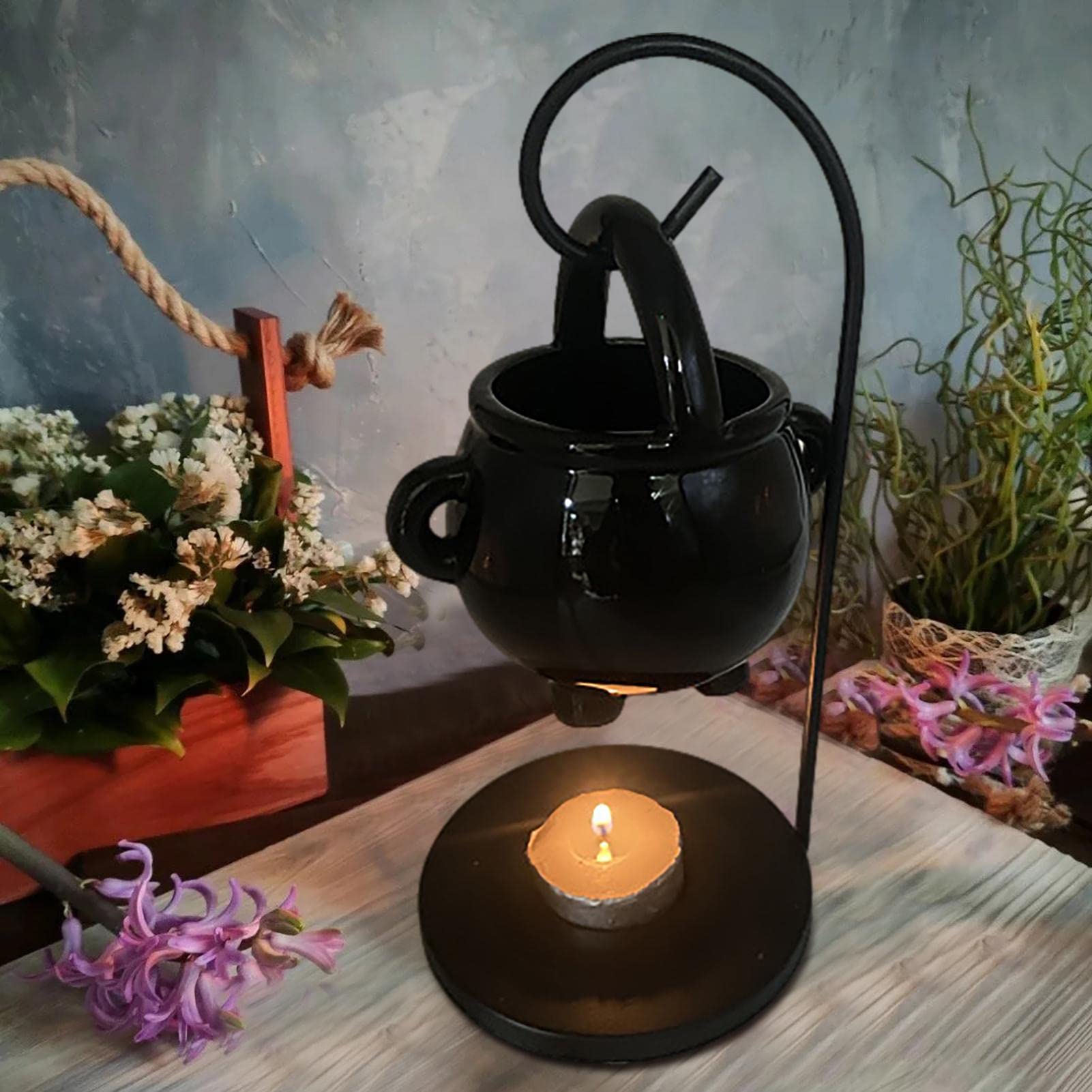 Bavokon Hanging Cauldron Pagan Oil Burner - Halloween Wax Burner,Black Cauldron Wax Burner,Ceramic Wax-Warmer Aroma Diffuser with Handle for Fragrance Wax Melts,Enchanting Witches Home Decor Element