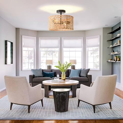 XININSUN Rattan Ceiling Light Fixtures, Boho Woven Semi Flush Mount Ceiling Light,2-Light Rattan Light Fixtures Ceiling Mount,Farmhouse Close to Ceiling Light for Bedroom Hallway Entryway, (000)
