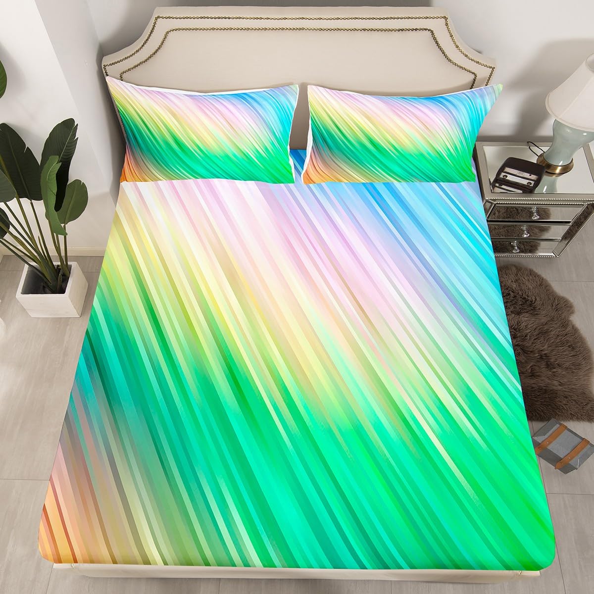 Girls Green Yellow Pink Stripes Bedding Set Twin Size Geometric Decor Bed Set for Teens Bedroom Decor Kids Sheet Microfiber Abstract Art Gradient Bed Cover(1 Fitted Sheet+1 Pillow Case)