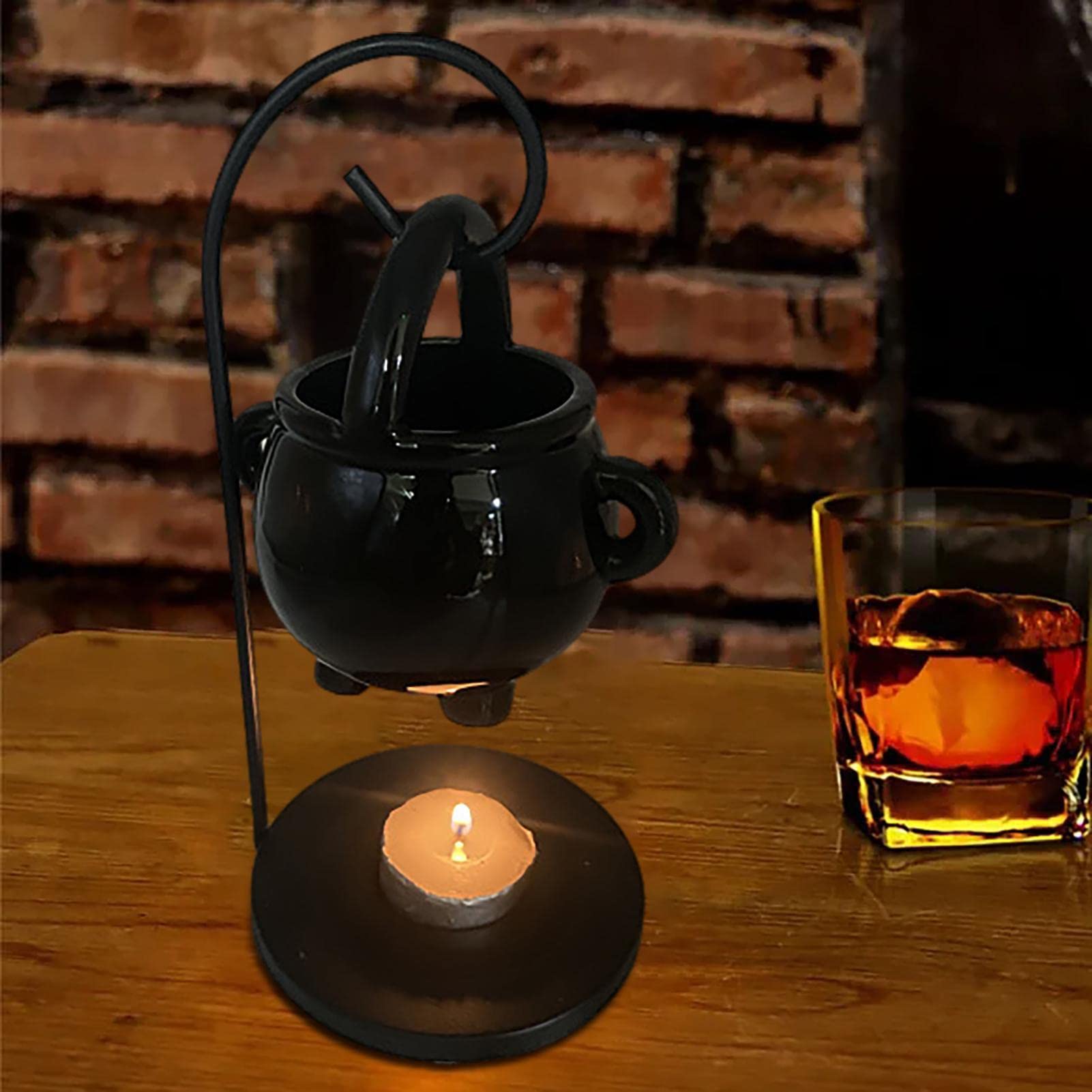 Bavokon Hanging Cauldron Pagan Oil Burner - Halloween Wax Burner,Black Cauldron Wax Burner,Ceramic Wax-Warmer Aroma Diffuser with Handle for Fragrance Wax Melts,Enchanting Witches Home Decor Element