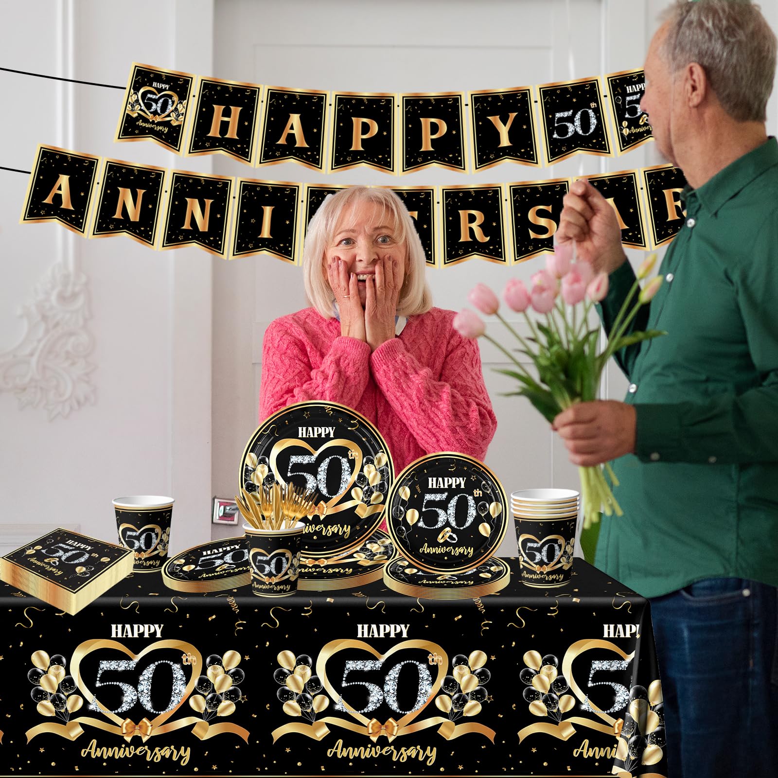 50th Anniversary Decorations Tableware Set, 142Pcs Black Gold 50th Anniversary Plates and Napkins,Cups,Banner,Happy 50th Anniversary Tablecloth for 50th Wedding Anniversary Party Supplies