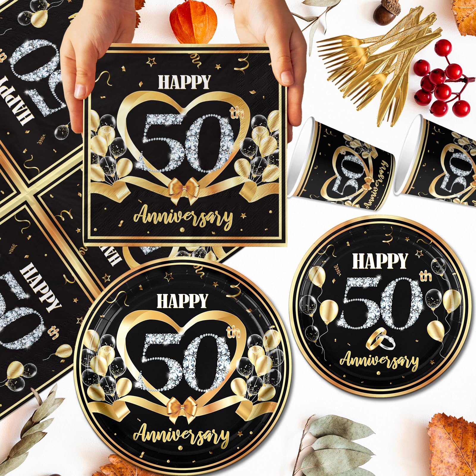 50th Anniversary Decorations Tableware Set, 142Pcs Black Gold 50th Anniversary Plates and Napkins,Cups,Banner,Happy 50th Anniversary Tablecloth for 50th Wedding Anniversary Party Supplies
