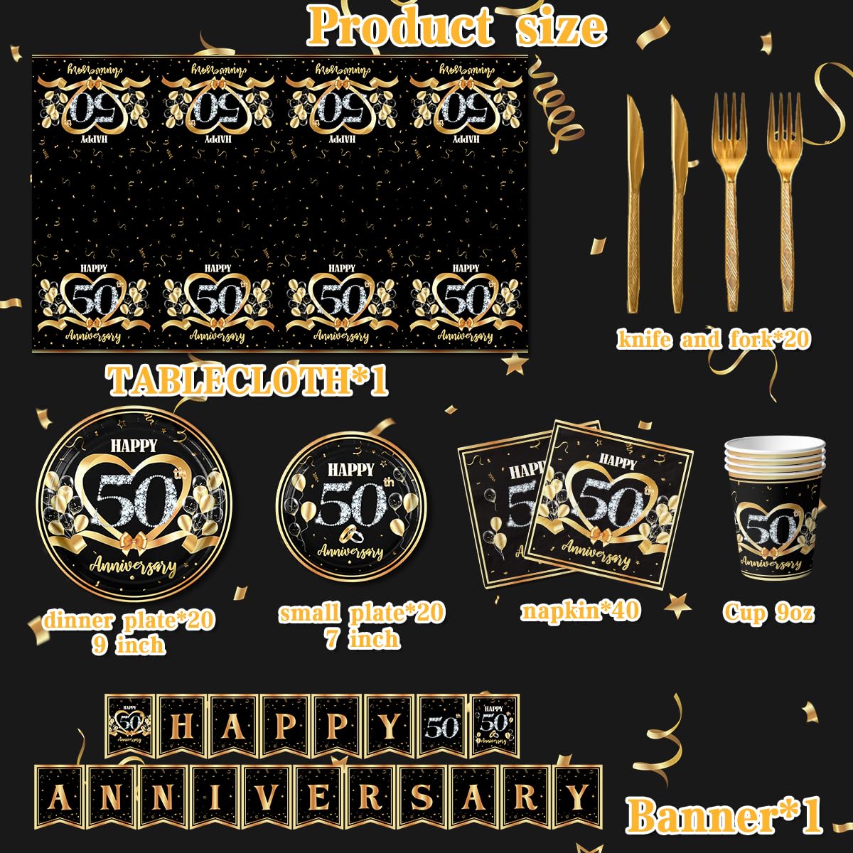 50th Anniversary Decorations Tableware Set, 142Pcs Black Gold 50th Anniversary Plates and Napkins,Cups,Banner,Happy 50th Anniversary Tablecloth for 50th Wedding Anniversary Party Supplies