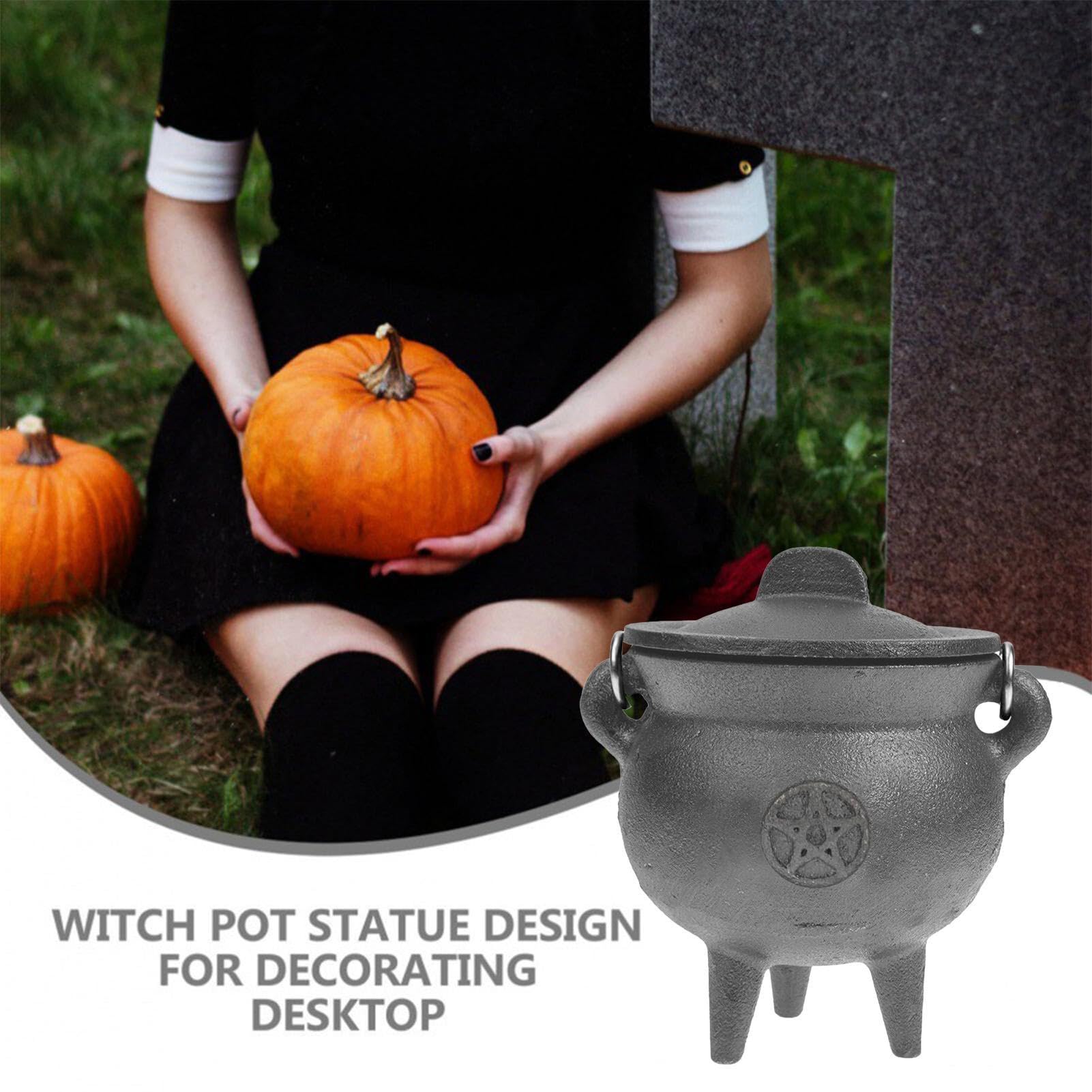 Cast Iron Cauldron with Lid and Carry Handle, 4 Inch Halloween Witch Pot for Spells, Smudging, Ritual & Blessings | Halloween Decoration Or Incense Burning