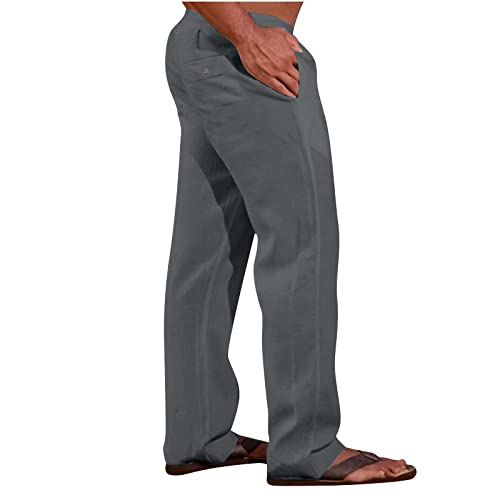 GiliGiliso Mens Fashion Solid Casual Elastic Waistband Pocket Cotton Linen Panel Trousers Pants Men's Big & Tall T-Shirts Dark Gray, M